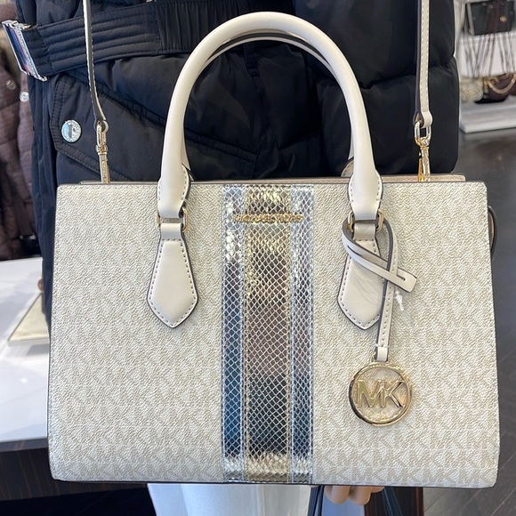 Michael Kors | Bags | Michael Kors Sheila Medium Signature Logo And Metallic Satchel Crossbody ...